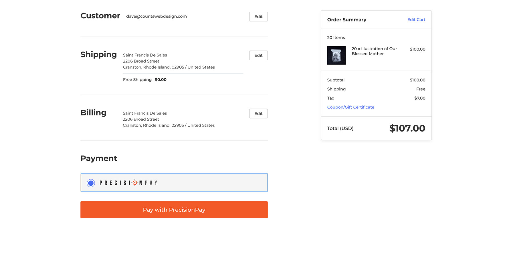 screenshot of checkout page with PrecisionPay payment gateway